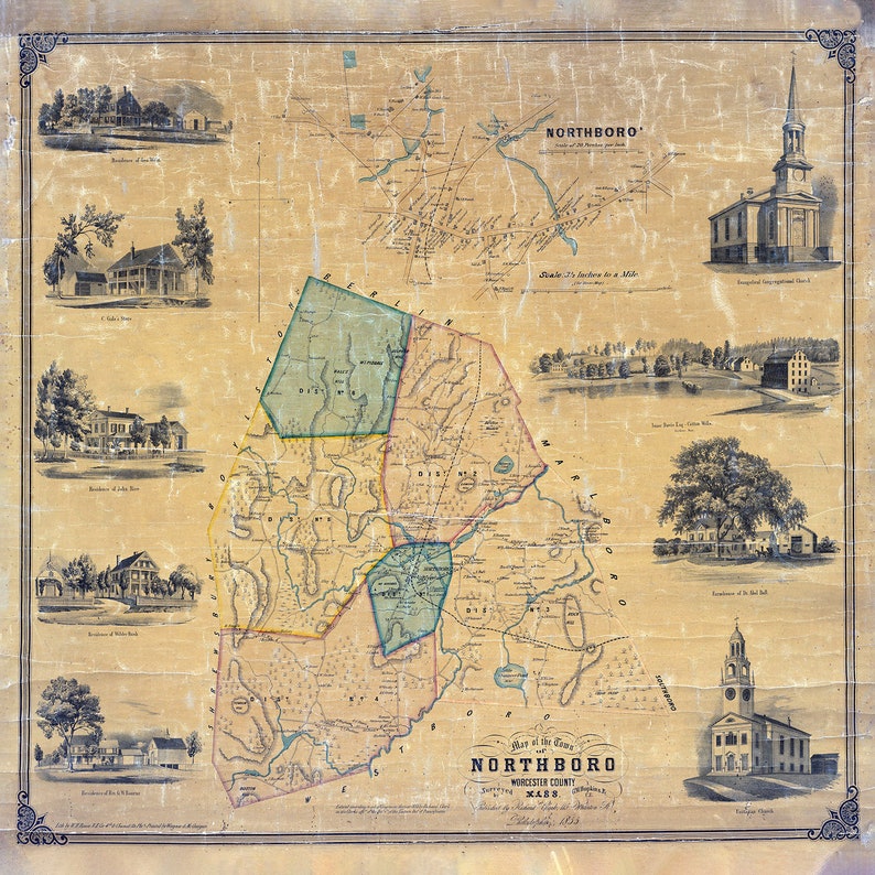 1855 Town Map of Northboro Worcester County Massachusetts - Etsy