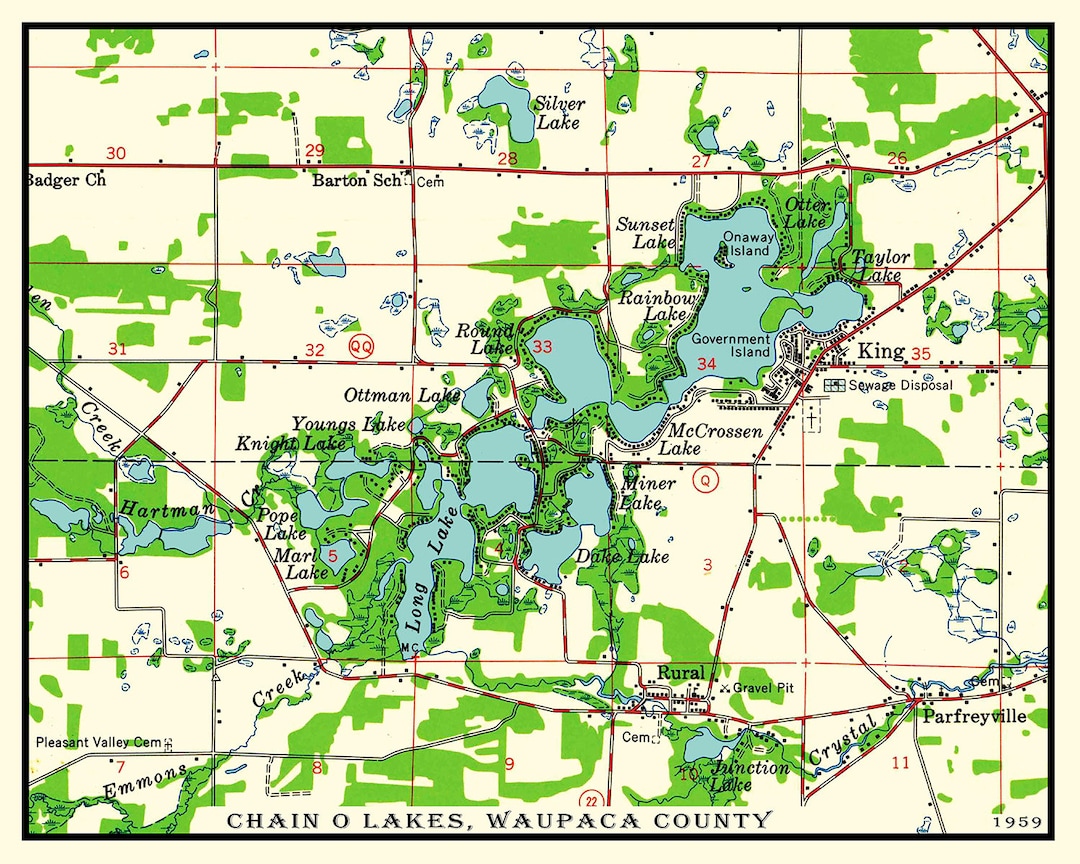 1959 Map of Chain O Lakes Waupaca County Wisconsin - Etsy