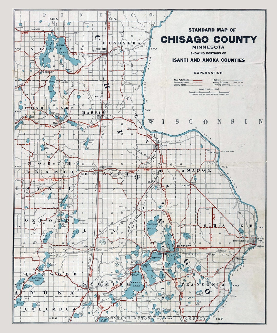 1920 Map of Chisago Anoka and Isanti County Minnesota - Etsy