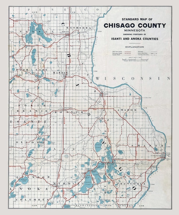 1920 Map of Chisago Anoka and Isanti County Minnesota - Etsy