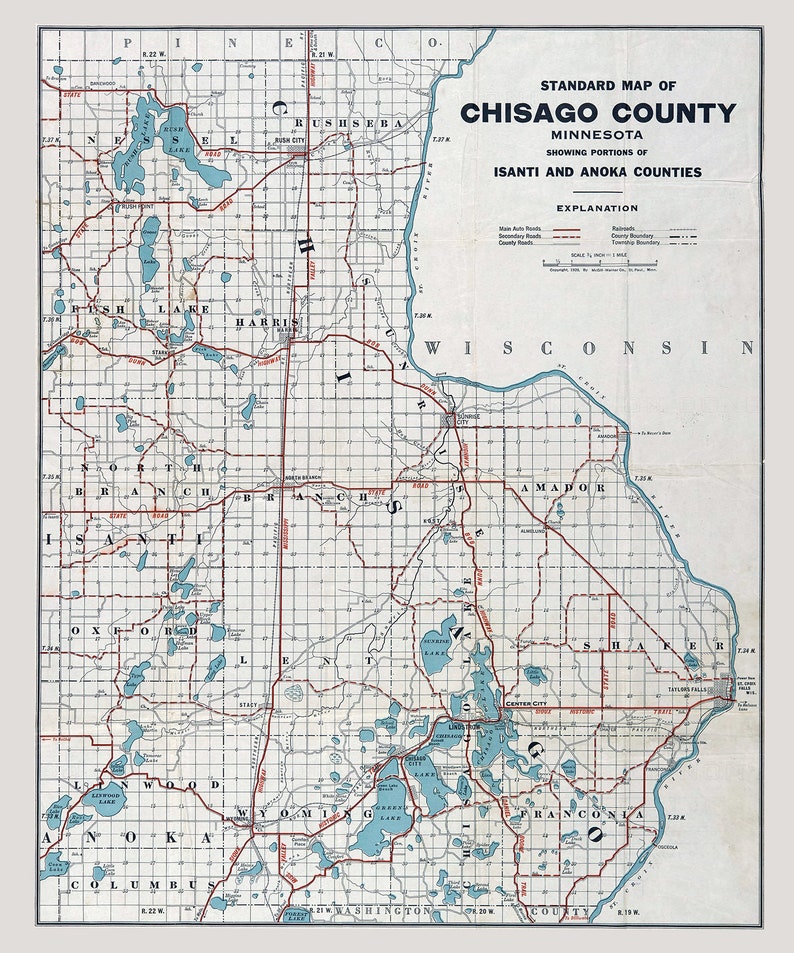 1920 Map of Chisago Anoka and Isanti County Minnesota - Etsy