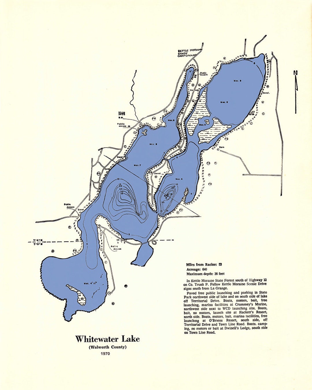 1970 Map of Whitewater Lake Walworth County Wisconsin - Etsy