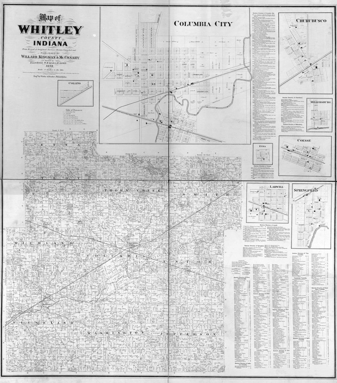 1873 Farm Line Map of Whitley County Indiana Columbia City - Etsy