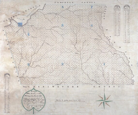 1867 Map of Coweta County Georgia - Etsy