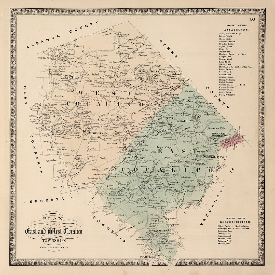 1864 Map of East and West Cocalico Township Lancaster County ...