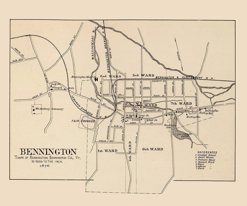 1876 Town Map of Bennington Vermont - Etsy