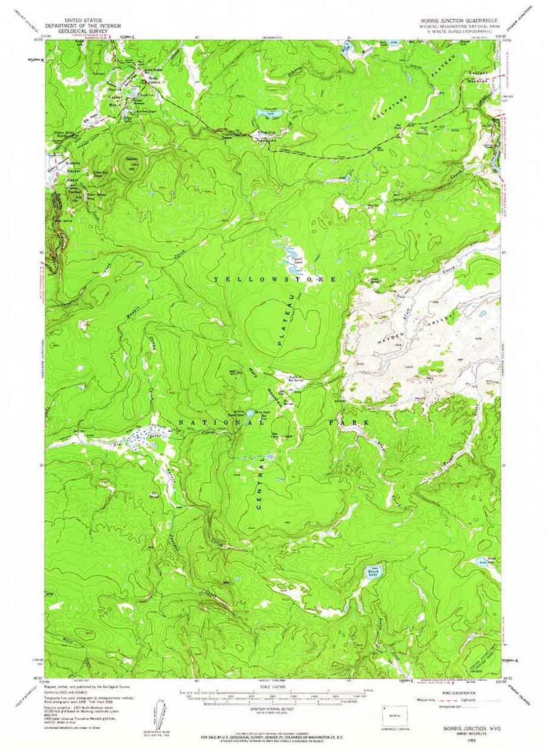 1958 Topo Map of Norris Junction Wyoming Yellowstone National Park ...