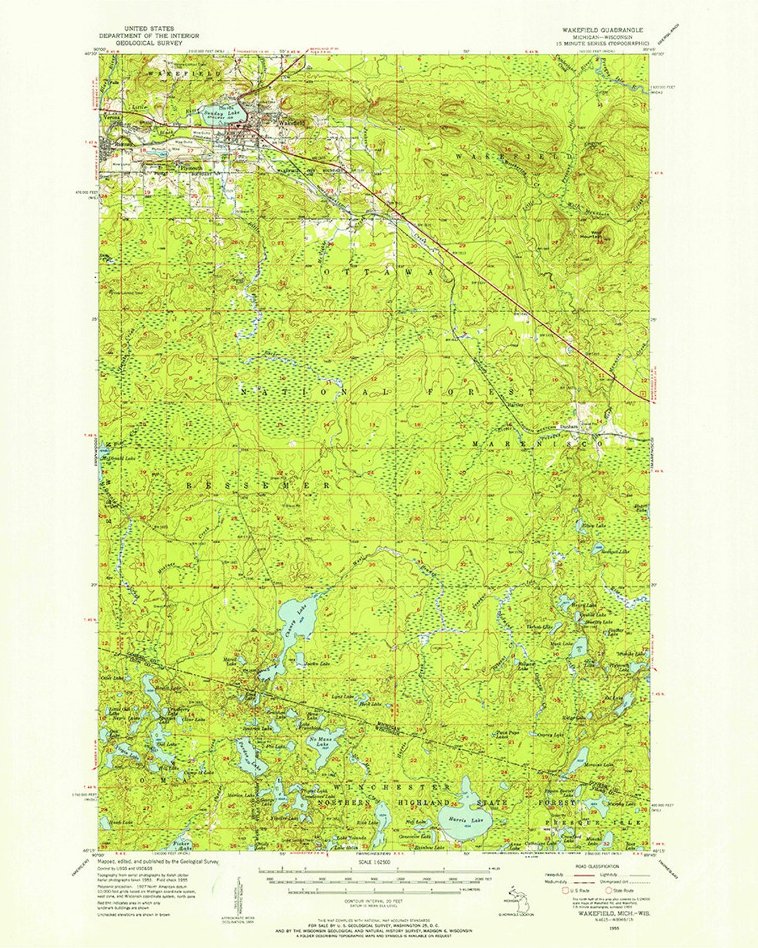 1955 Topo Map of Wakefield Michigan Quadrangle - Etsy