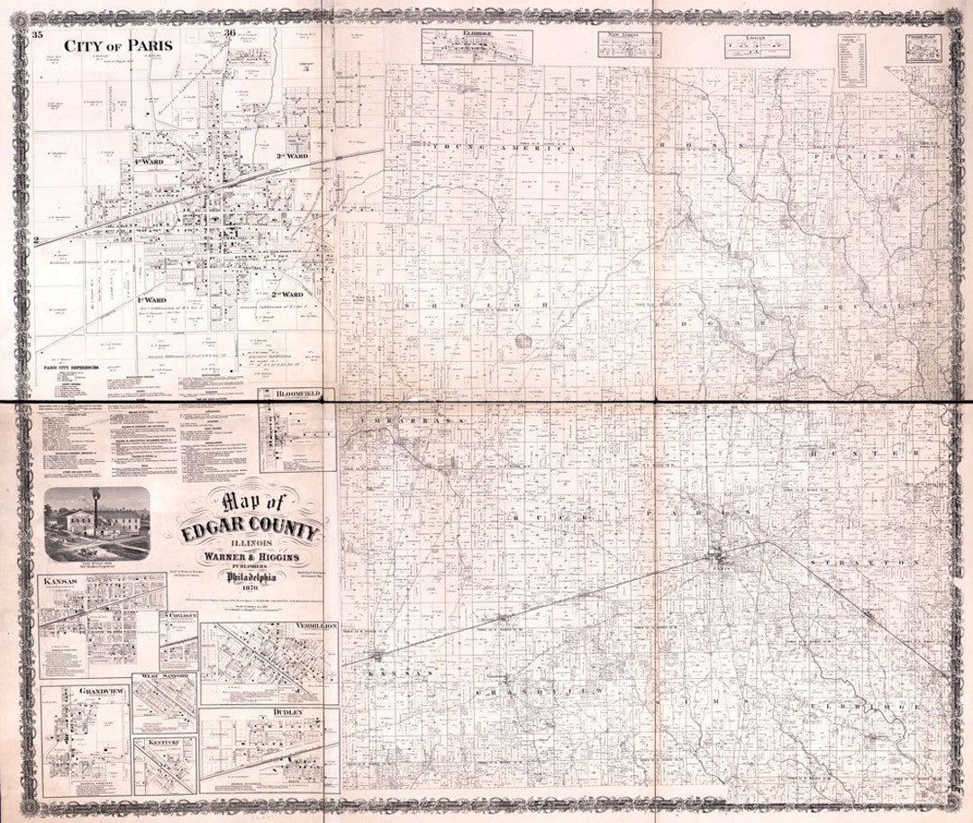 1870 Farm Line Map of Edgar County Illinois Paris - Etsy