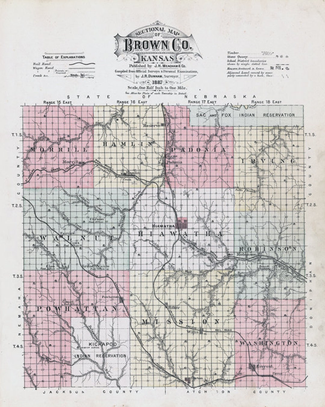 1887 Map of Brown County Kansas Hamlin Hiawatha - Etsy
