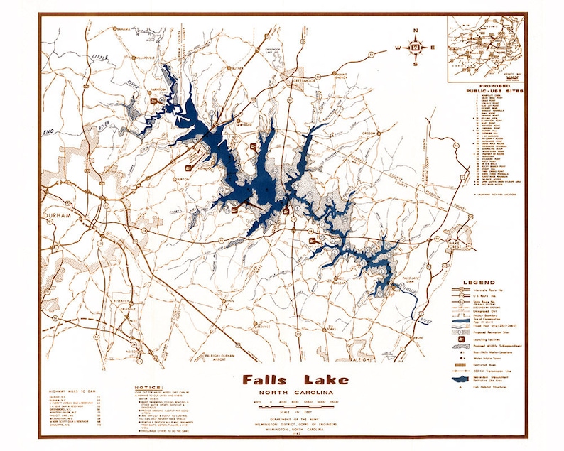 1983 Map of Falls Lake North Carolina - Etsy