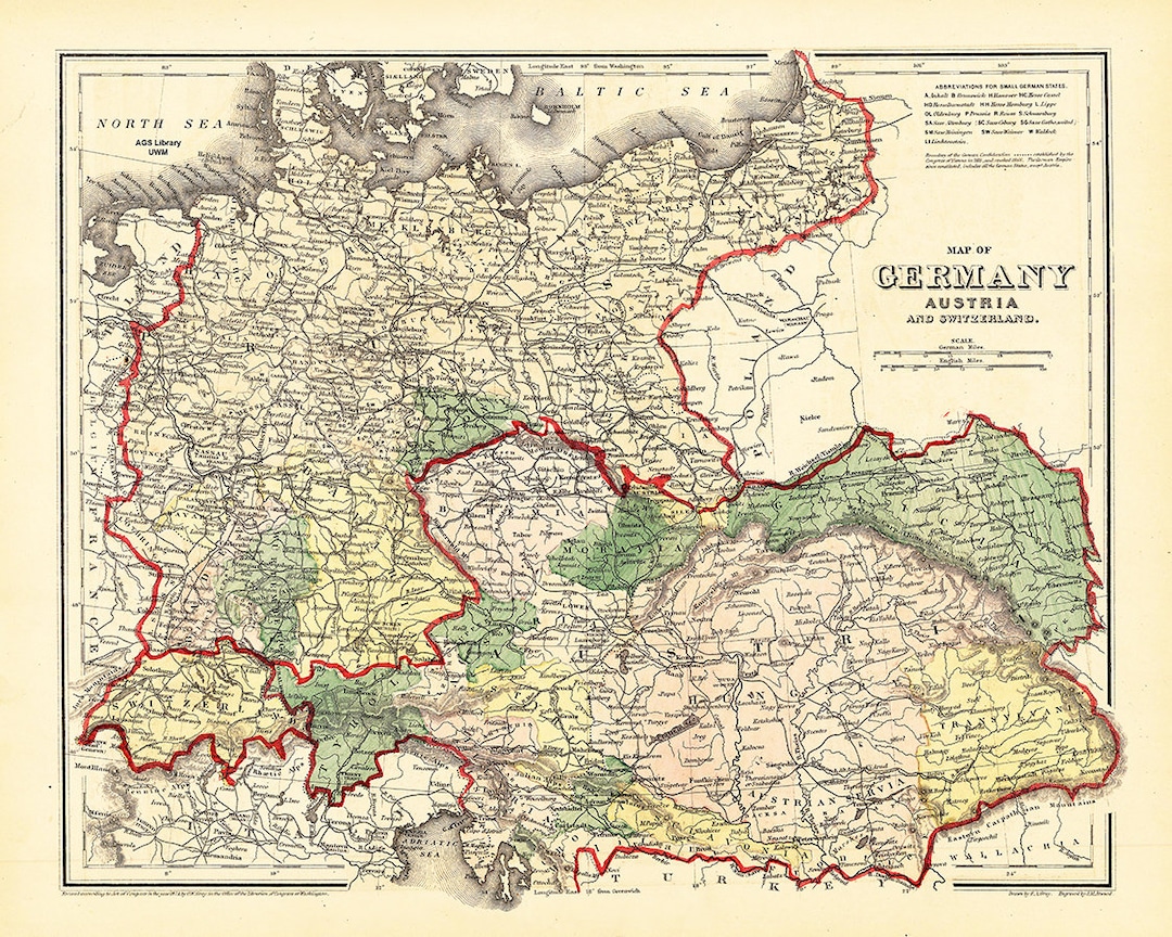 1876 Map of Germany Austria and Switzerland - Etsy