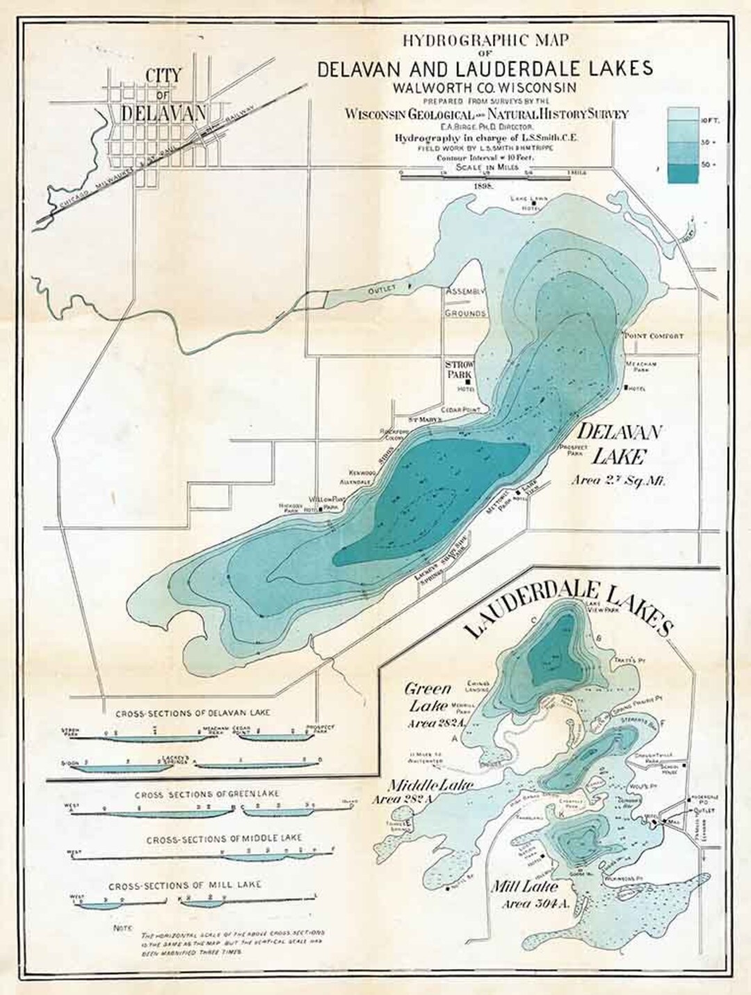 1898 Map of Delavan and Lauderdale Lakes Walworth County Wisconsin - Etsy