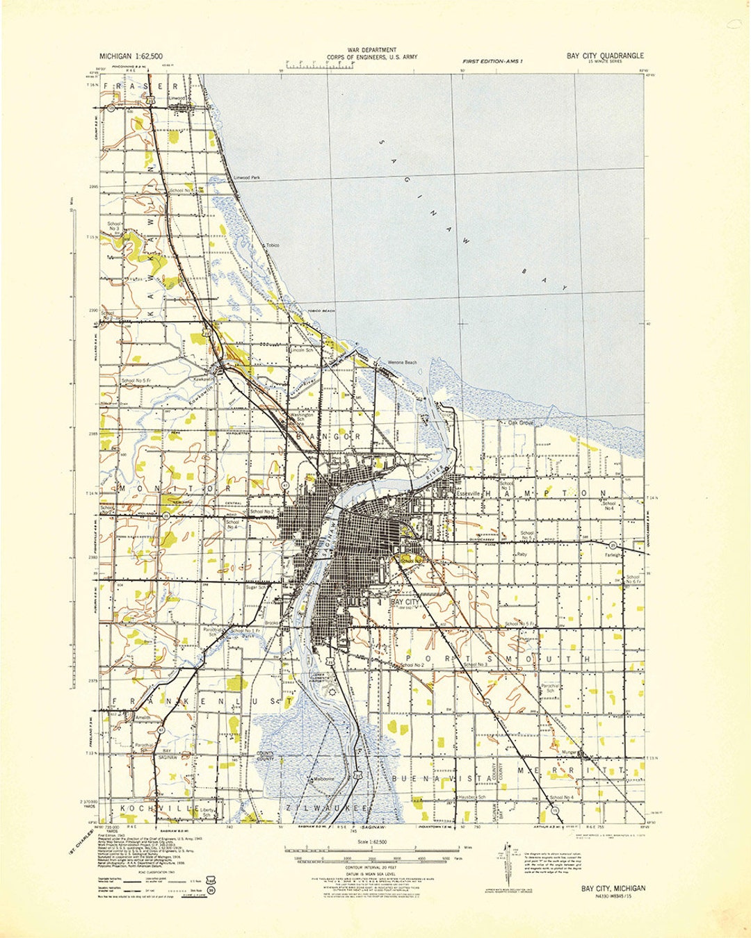 1943 Topo Map of Bay City Michigan Saginaw Bay - Etsy