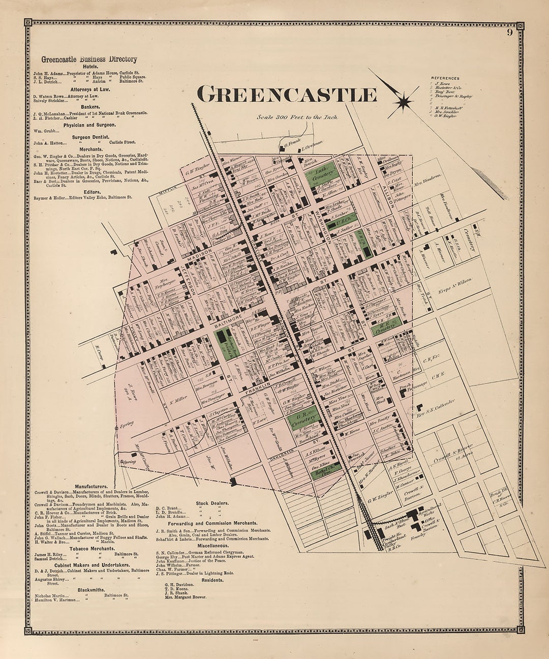 1868 Town Map of Greencastle Franklin County Pennsylvania - Etsy
