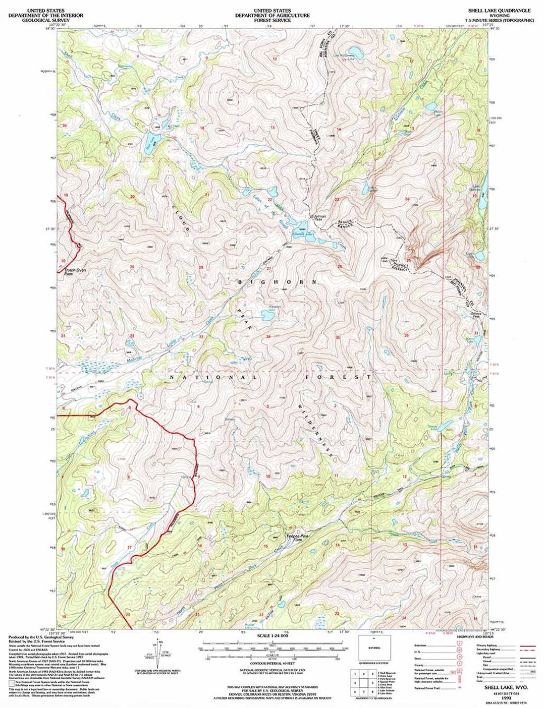 1993 Topo Map of Shell Lake Wyoming WY Bighorn Forest - Etsy