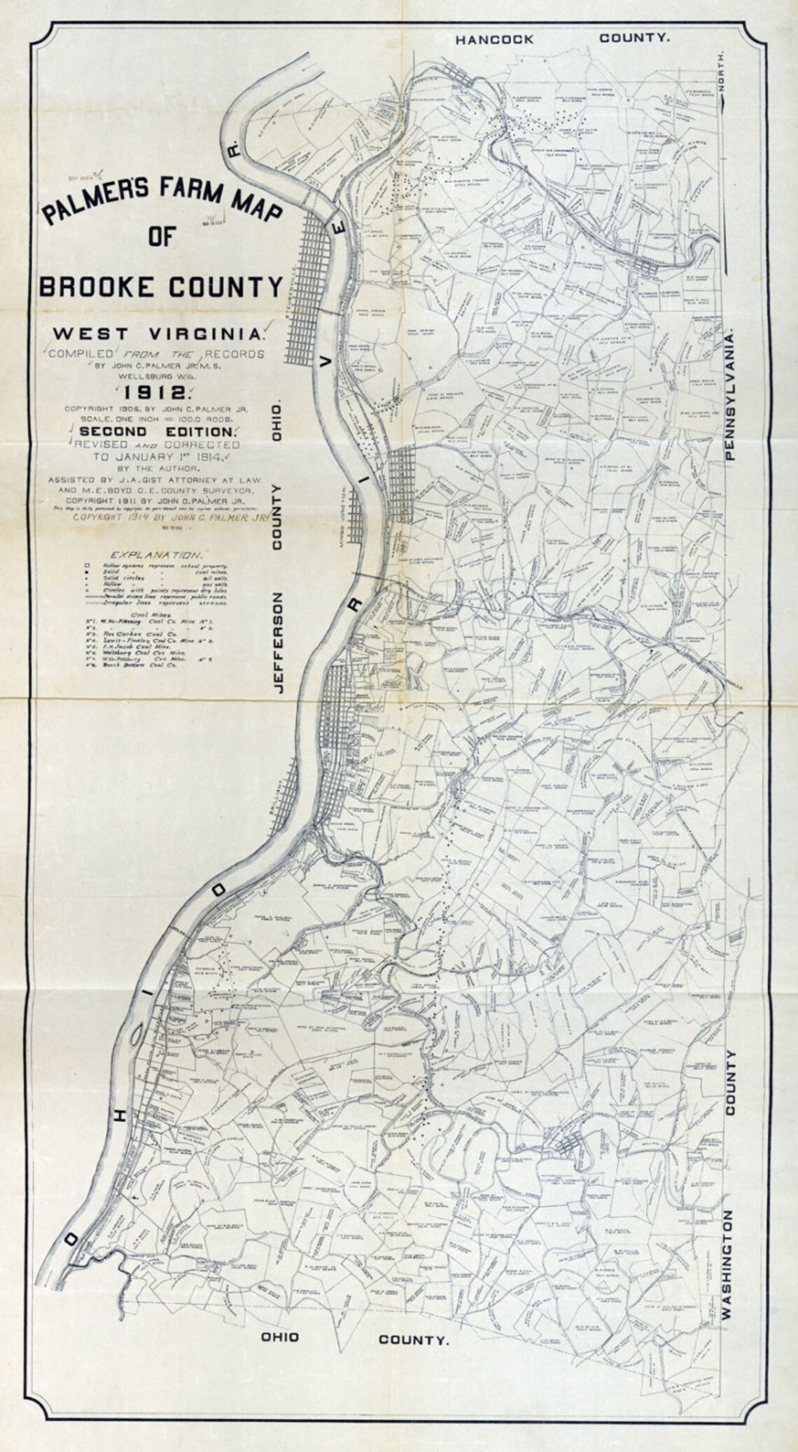 1912 Farm Line Map of Brooke County West Virginia Showing Oil & Gasl ...