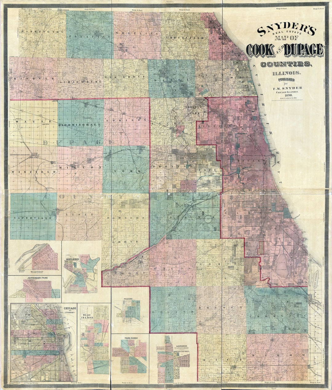 1890 Farm Line Map of Cook and Dupage County Illinois Chicago - Etsy