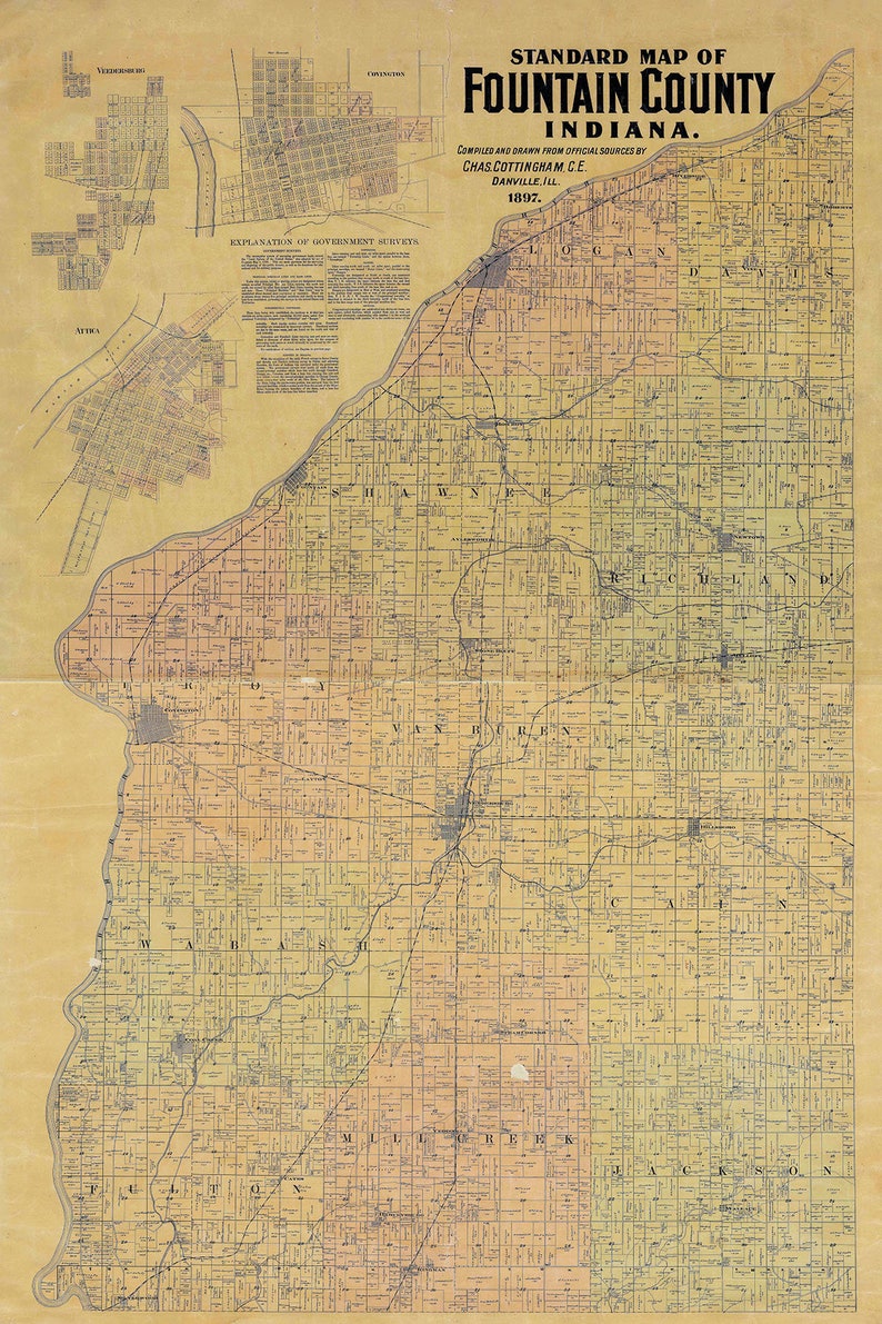1897 Farm Line Map of Fountain County Indiana - Etsy