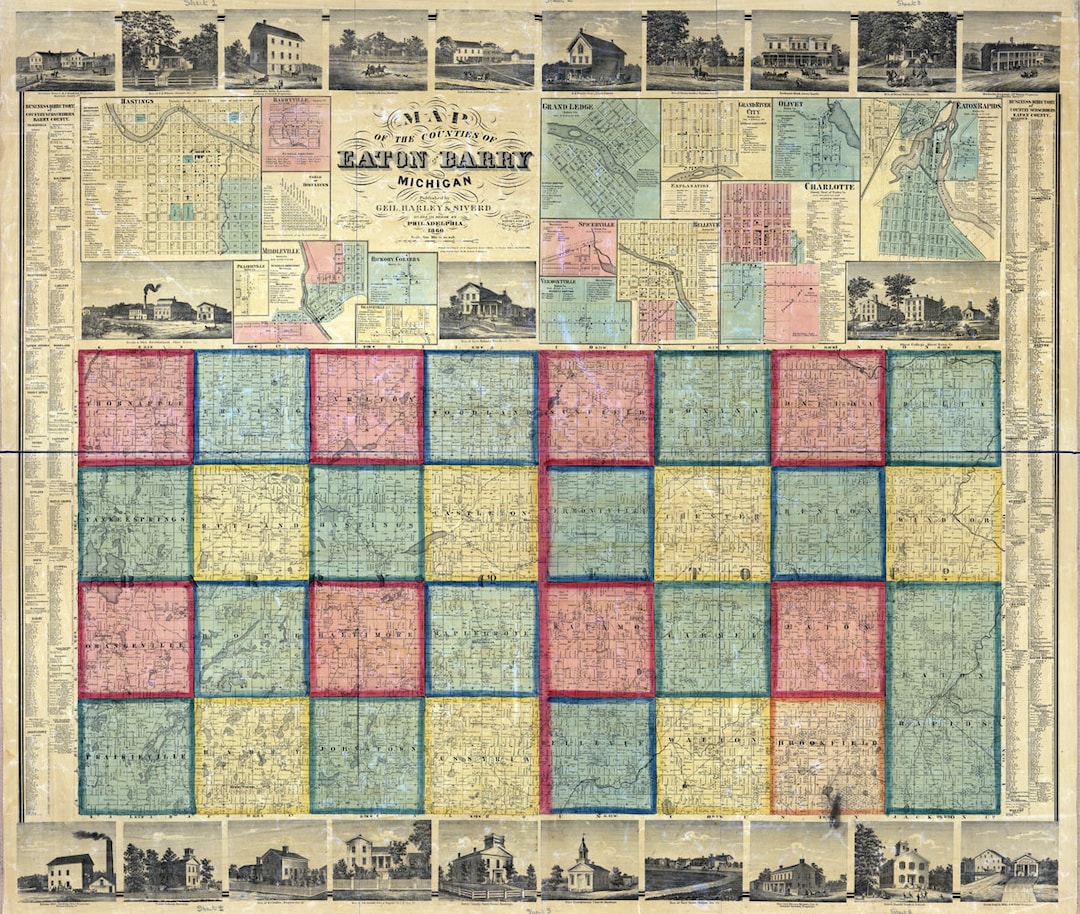 1860 Farm Line Map of Eaton and Barry County Michigan Hastings - Etsy