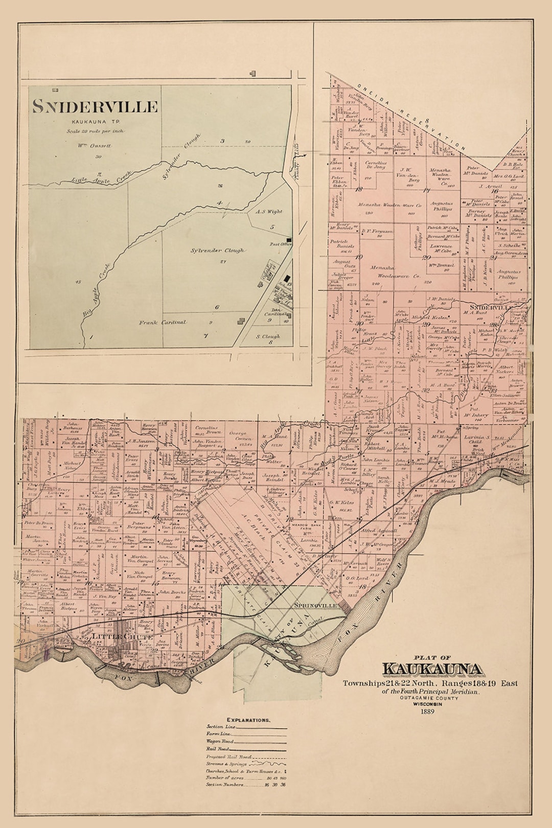 1889 Map of Kaukauna Township Outagamie County Wisconsin - Etsy