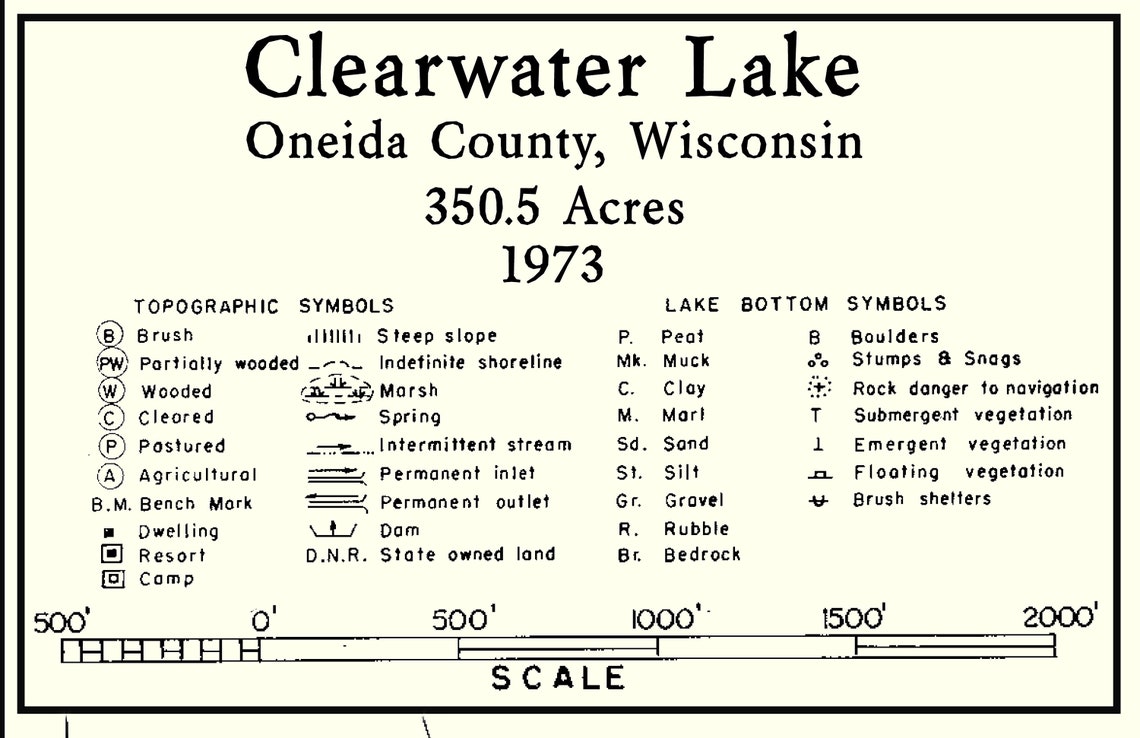 1973 Map of Clearwater Lake Oneida County Wisconsin - Etsy