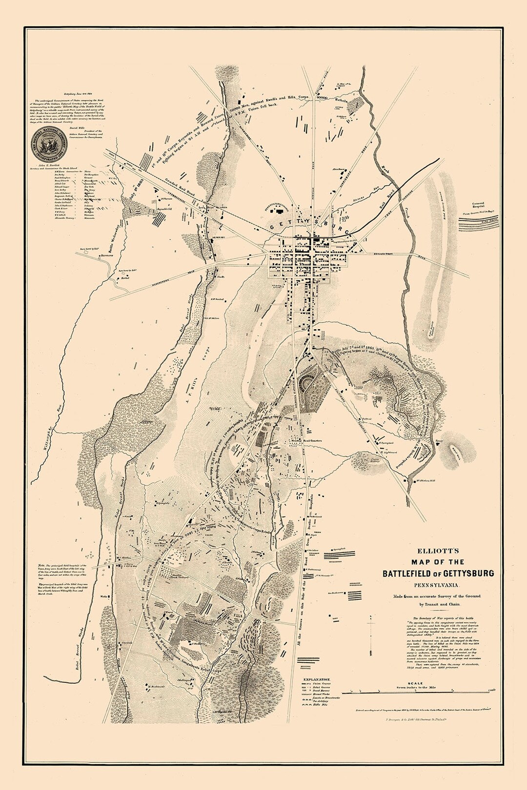 1864 Map of the Gettysburg Pennsylvania Battlefield - Etsy