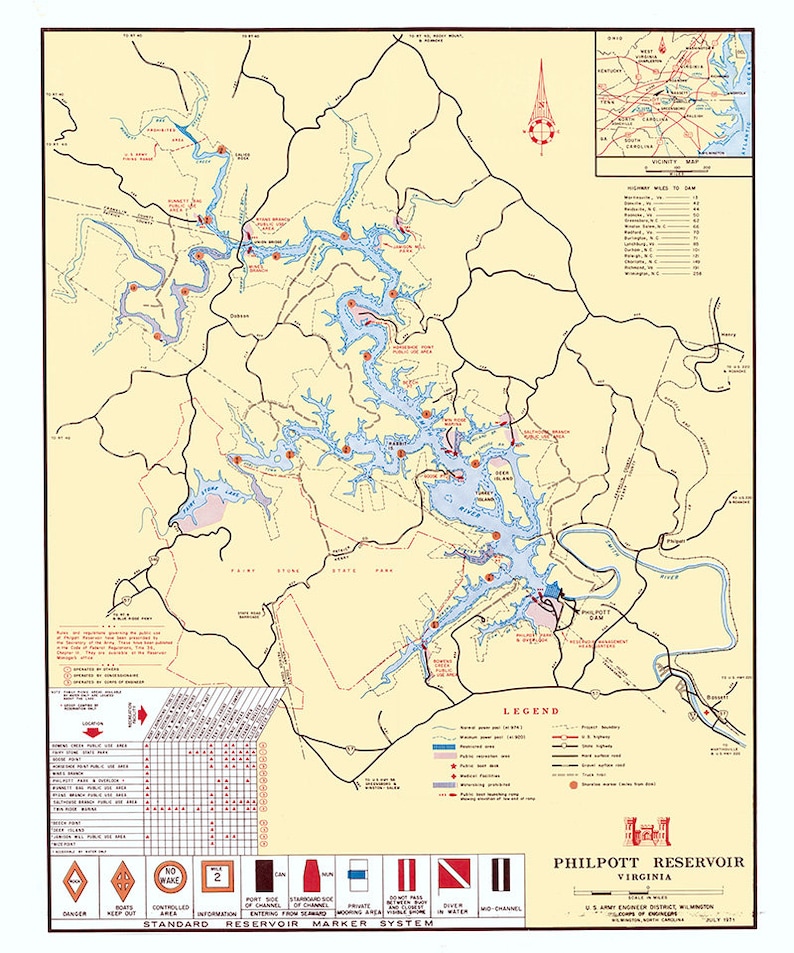 1971 Map of Philpott Lake Virginia | Etsy