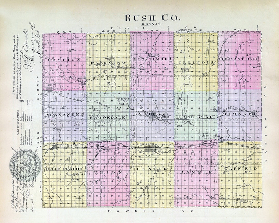 1887 Map of Rush County Kansas - Etsy