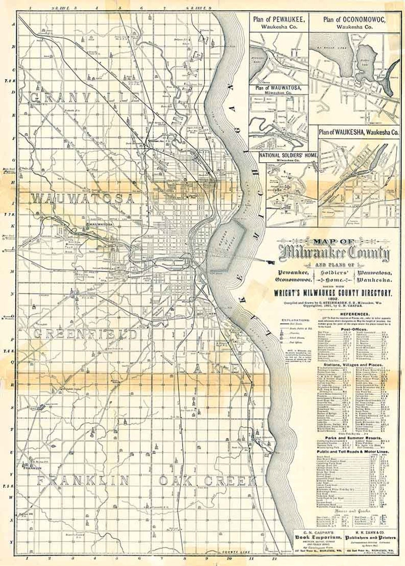 1892 Map of Milwaukee County Wisconsin Pewaukee Wauwatosa | Etsy