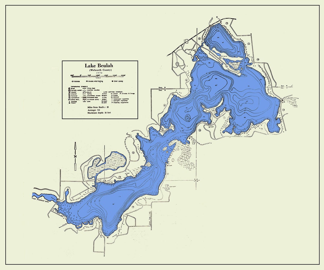 1970 Map of Lake Beulah Walworth County Wisconsin - Etsy