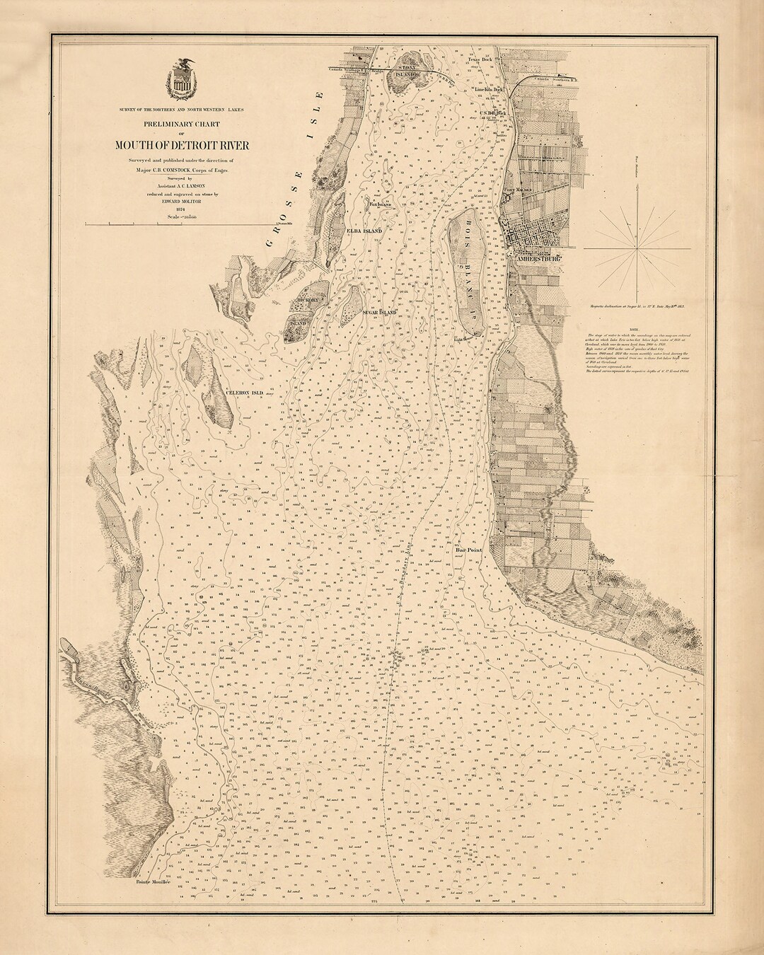 1874 Nautical Chart of Mouth Detroit River - Etsy