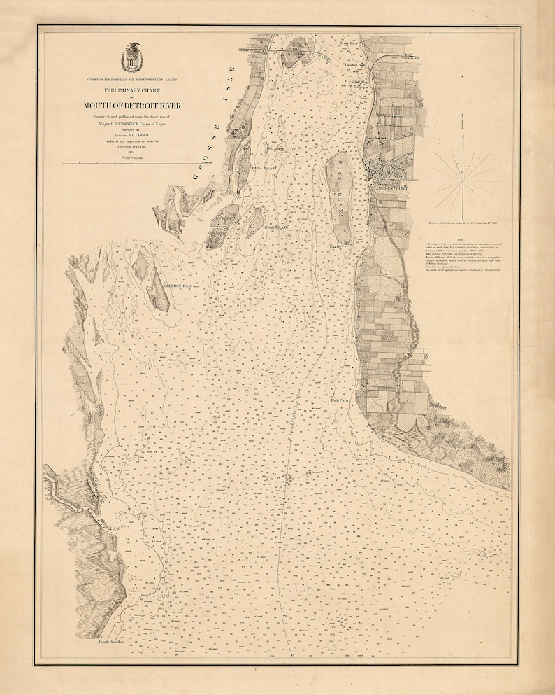 1874 Nautical Chart of Mouth Detroit River - Etsy