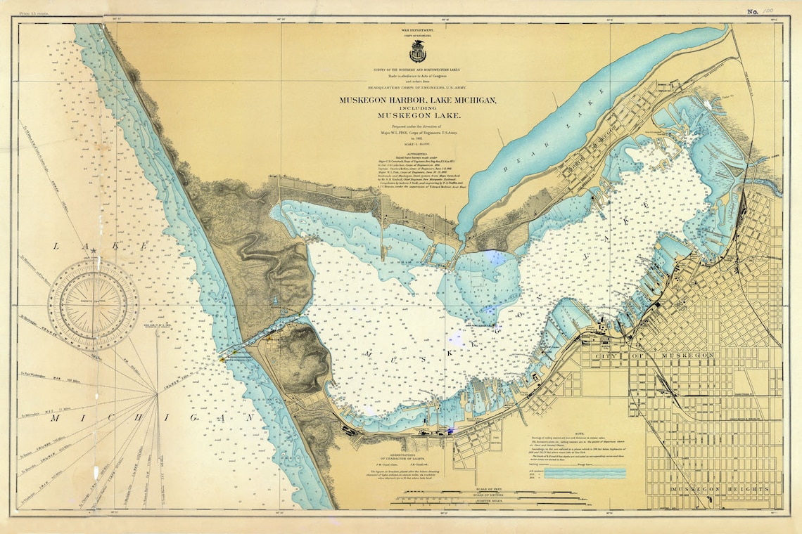 1901 Nautical Map of Muskegon Harbor & Lake Michigan | Etsy