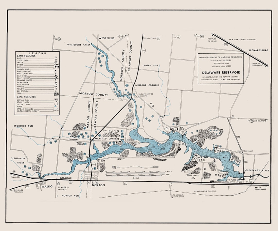 1960 Map of Delaware Reservoir Delaware Marion and Morrow County Ohio ...