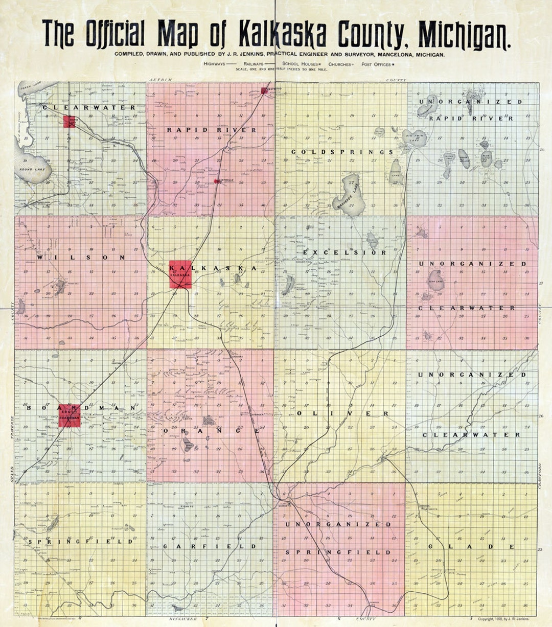 1898 Map of Kalkaska County Michigan - Etsy