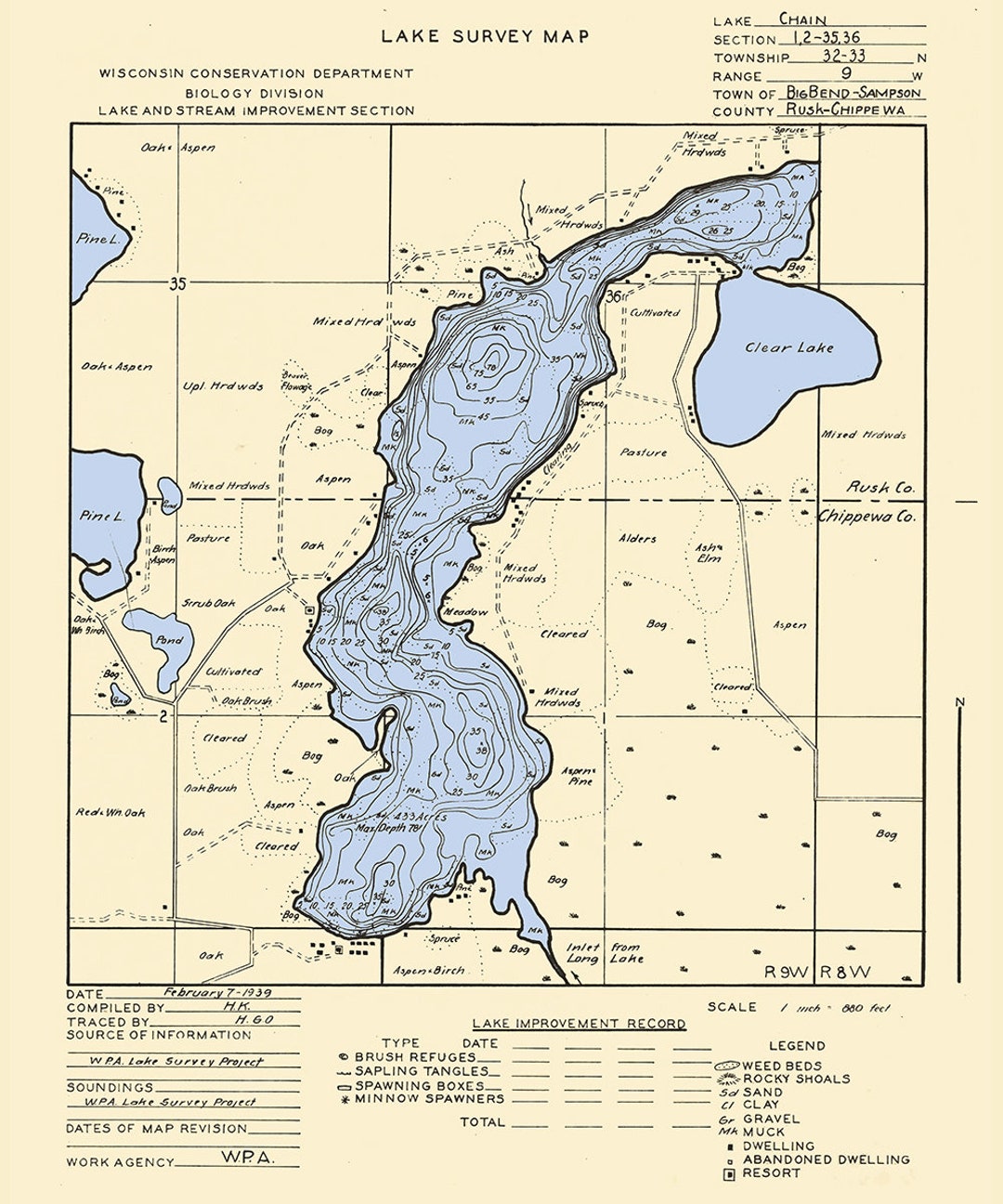1939 Map of Chain Lake Rusk and Chippewa County Wisconsin - Etsy