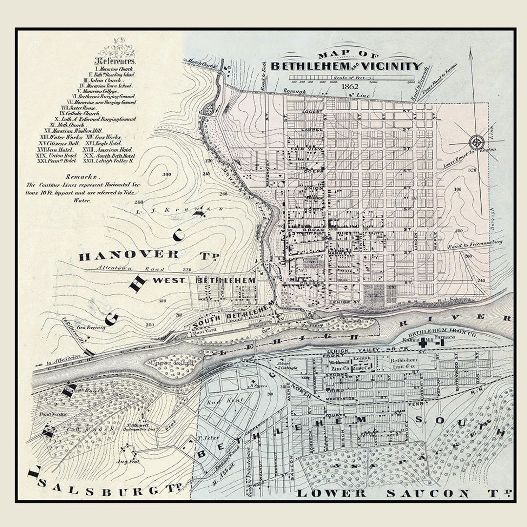 1862 Town Map of Bethlehem Lehigh County Pennsylvania - Etsy