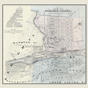 1862 Town Map of Bethlehem Lehigh County Pennsylvania - Etsy