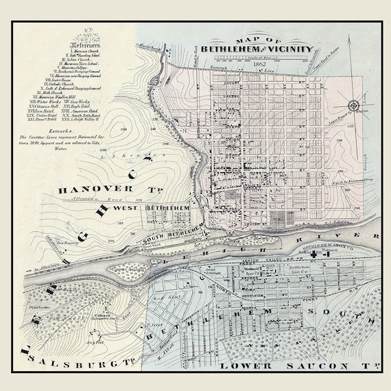 1862 Town Map of Bethlehem Lehigh County Pennsylvania - Etsy