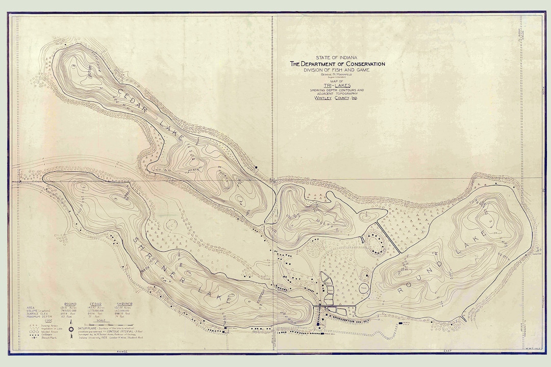 1925 Map of Tri Lakes Whitley County Indiana Cedar Lake Round Lake and ...