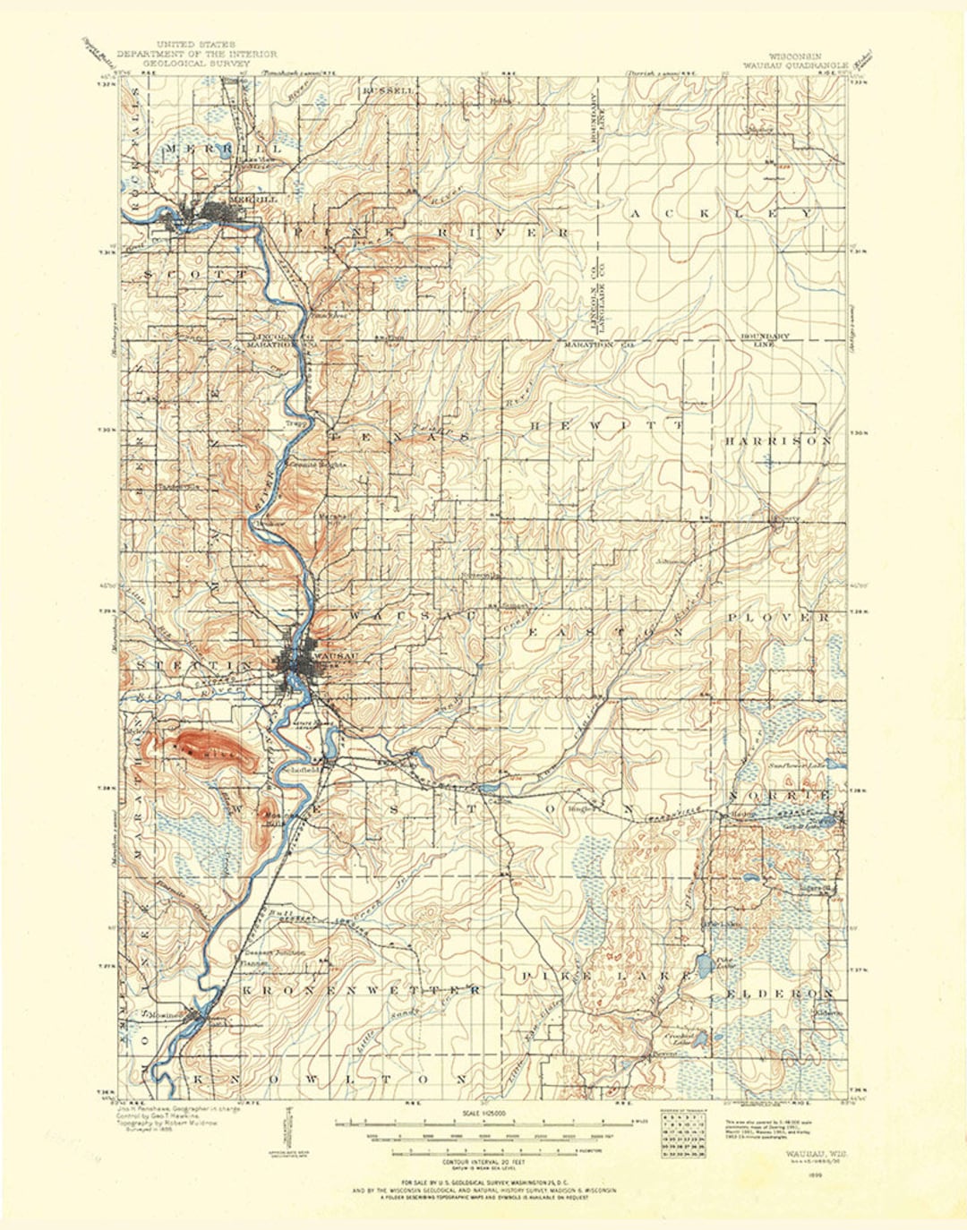 1899 Topo Map of Wausau Quadrangle Wisconsin - Etsy