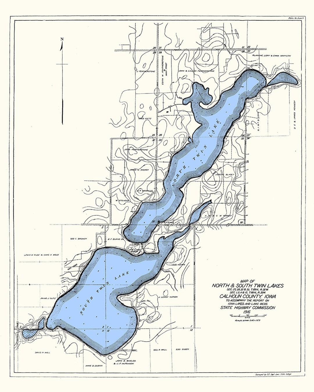 1916 Map of North & South Twin Lakes Calhoun County Iowa - Etsy