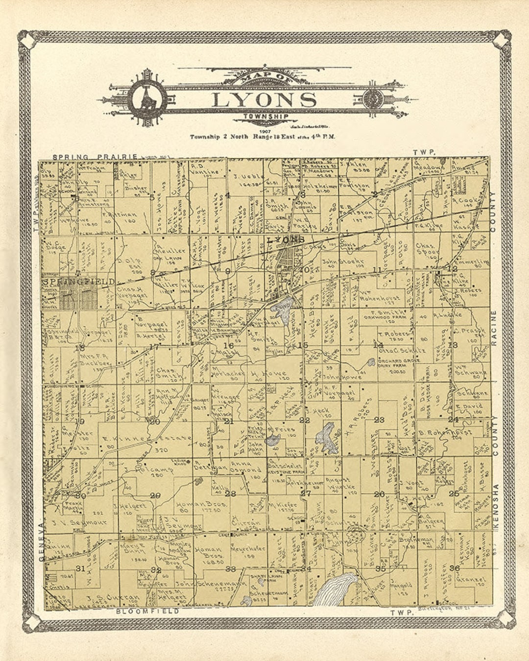 1907 Map of Lyons Township Walworth County Wisconsin - Etsy