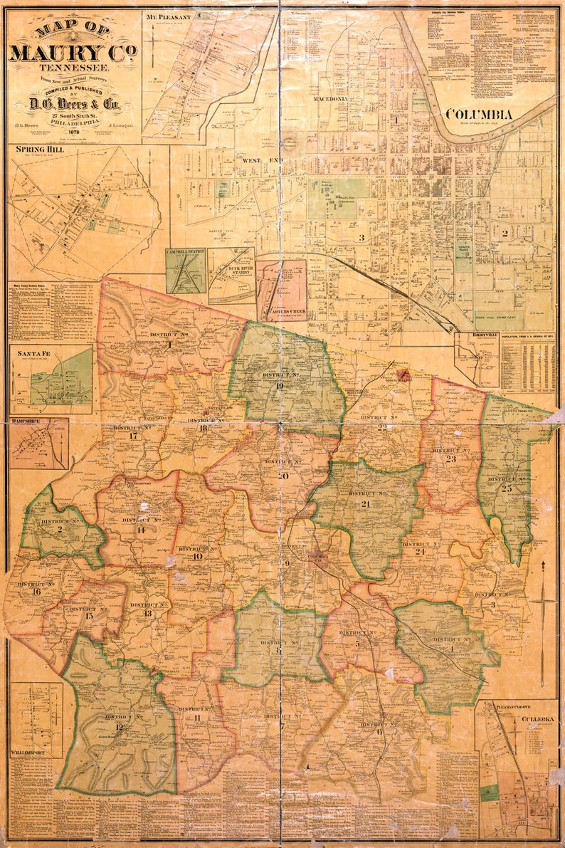 1878 Map of Maury County Tennessee Columbia - Etsy
