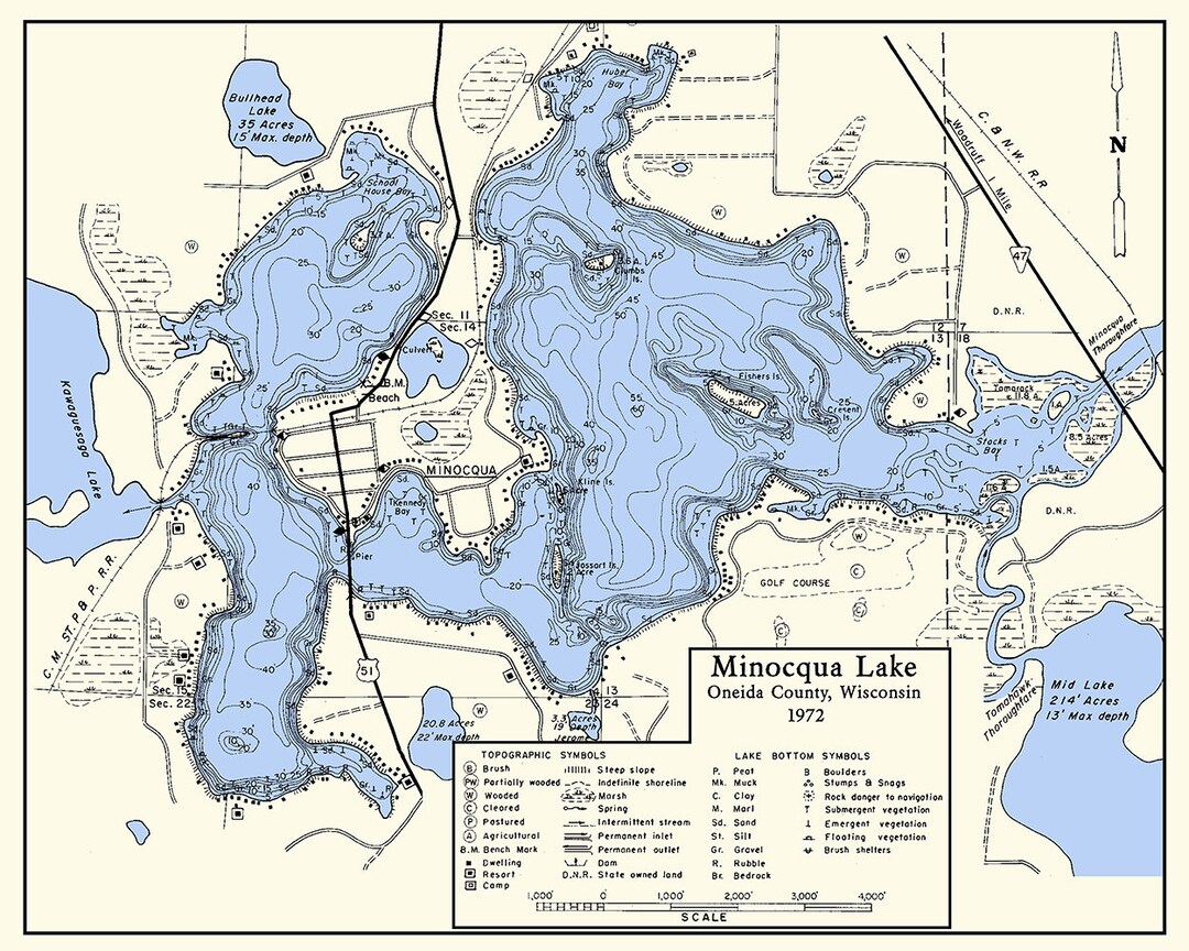 1972 Map of Minocqua Lake Oneida County Wisconsin - Etsy