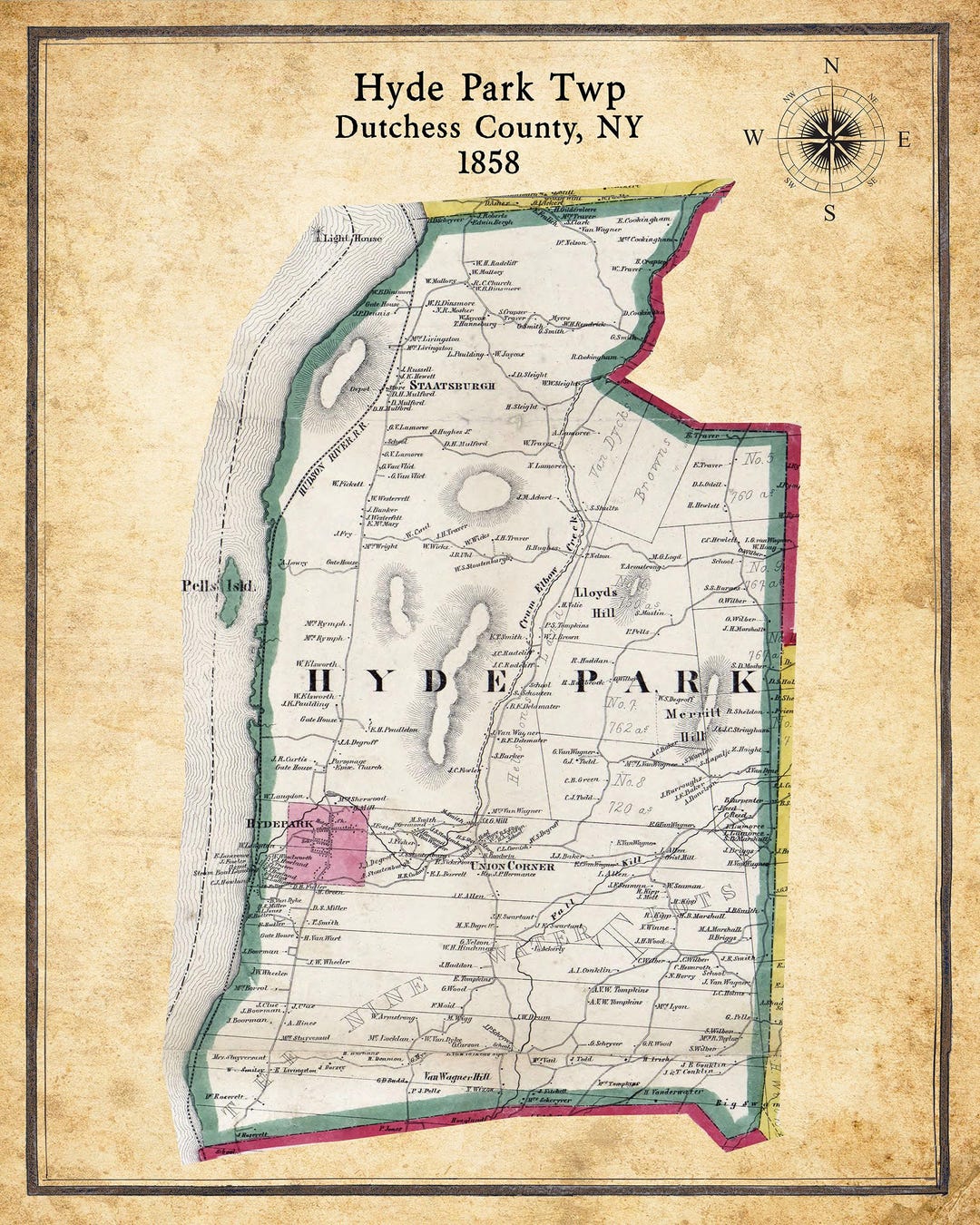 1858 Map of Hyde Park Township Dutchess County New York - Etsy