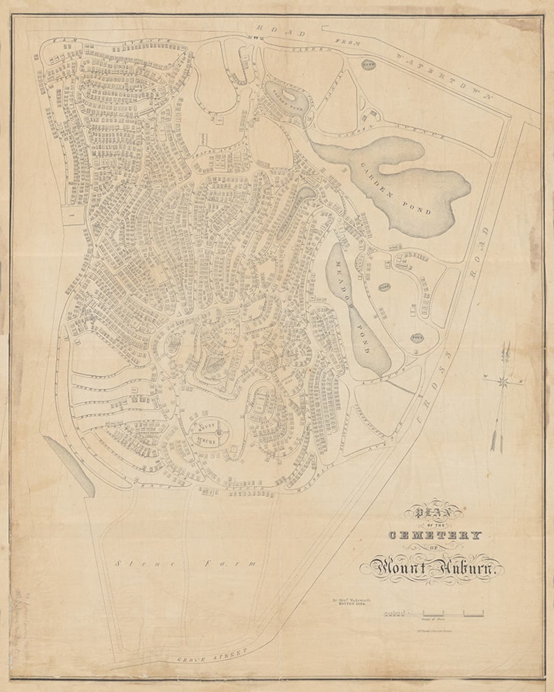 1854 Map of the Cemetery of Mount Auburn - Etsy