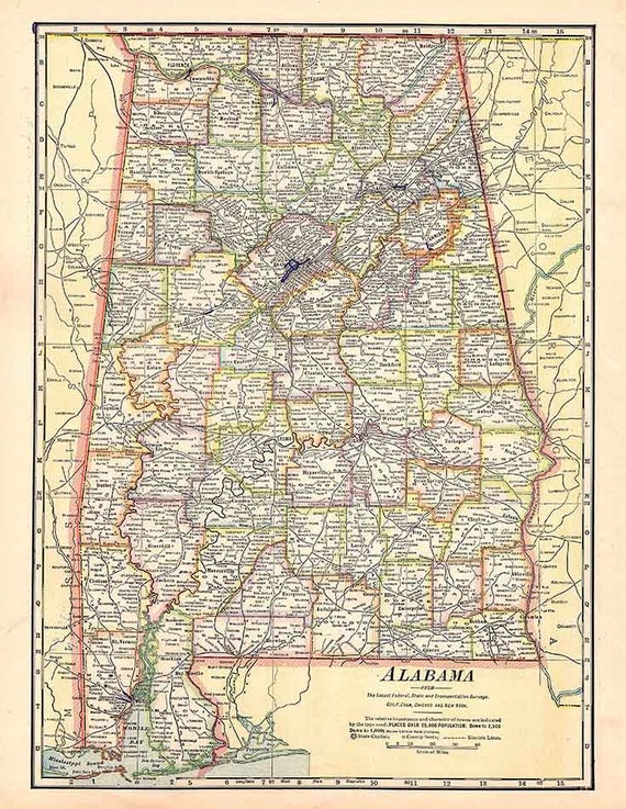 1911 Map of the State of Alabama | Etsy