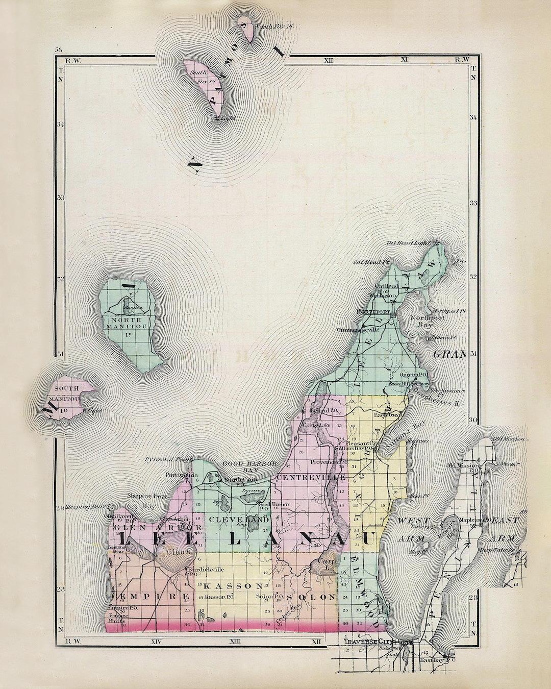 1873 Map of Leelanau County Michigan - Etsy